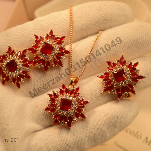 Original zircons studded 18k coated necklace set with ring for Girls/W